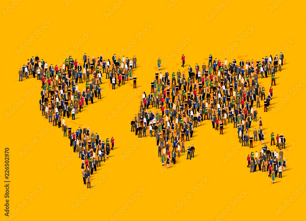 Group of people in form of world map. Globalization, population, social ...