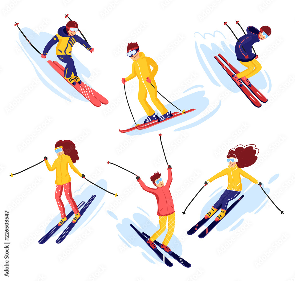 Vector skiers cartoon flat style. Men and women in the ski resort ...
