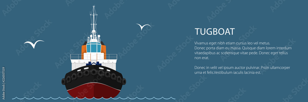 Front View of the Vessel Tugboat and Text, Push Boat Banner, Tow Boat ...