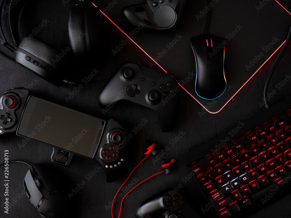 gamer workspace concept, top view a gaming gear, mouse, keyboard ...