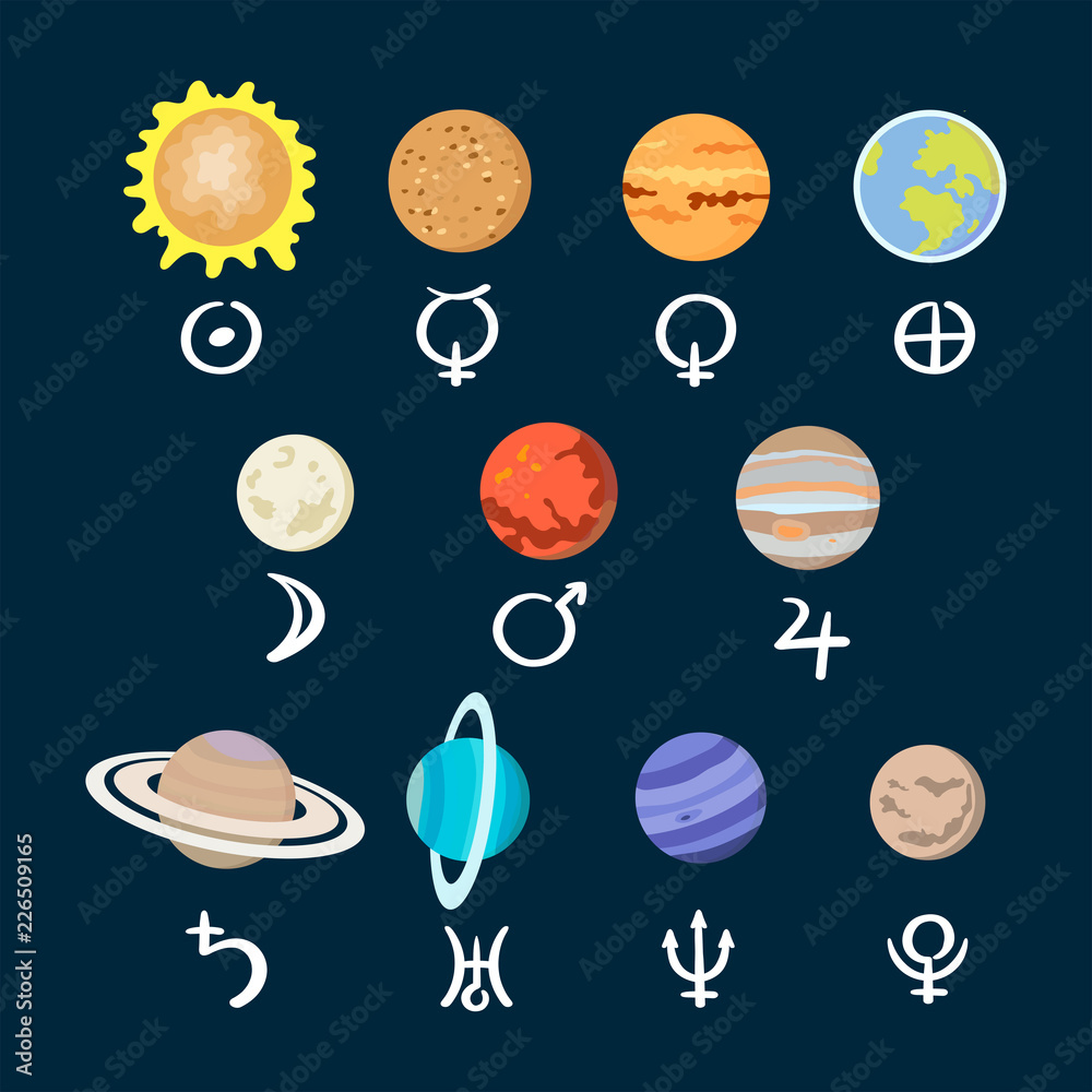 Solar system. The signs of the planets. Vector illustration. Stock ...