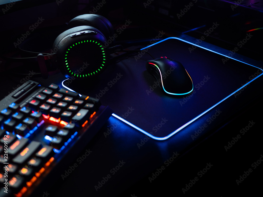 gamer workspace concept, top view a gaming gear, mouse, keyboard ...