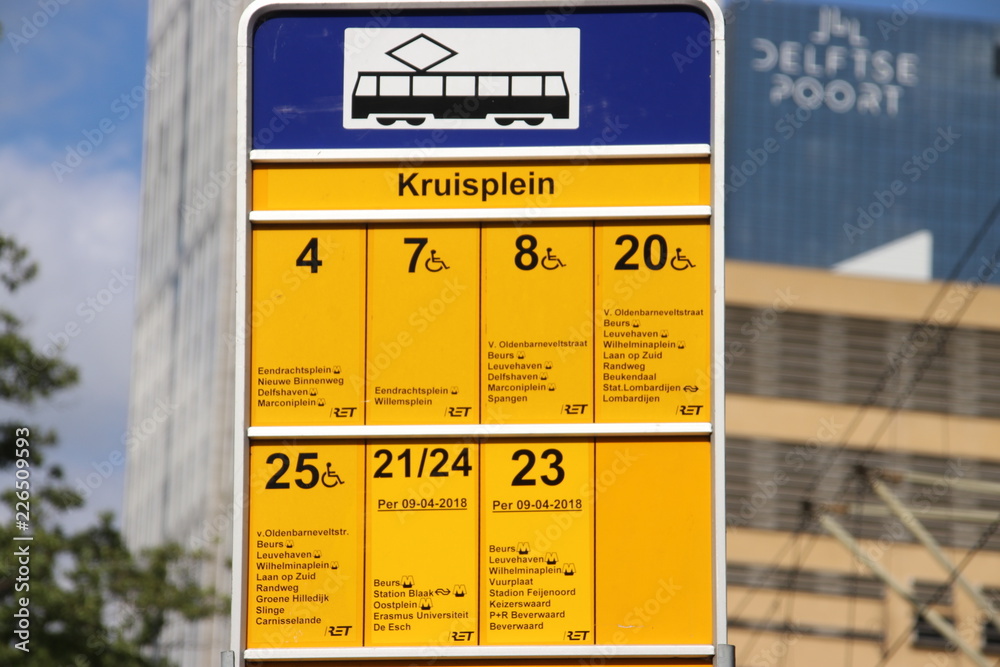 Sign of all tram streetcars which stops at stop Kruisplein in Rotterdam ...