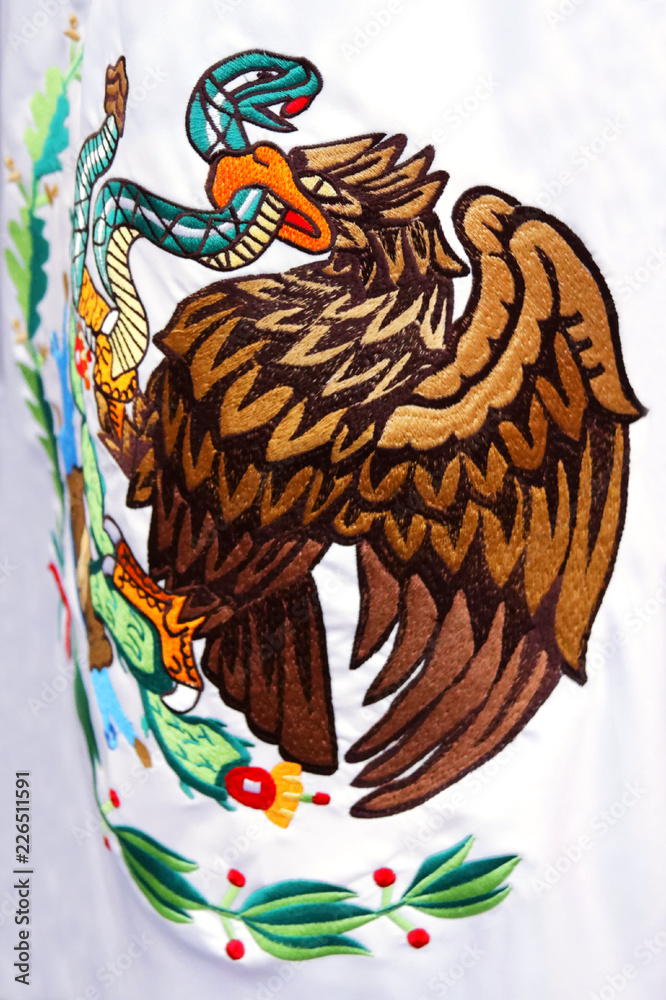 Detail of the official Mexican flag. In the Mexican flag appears an ...