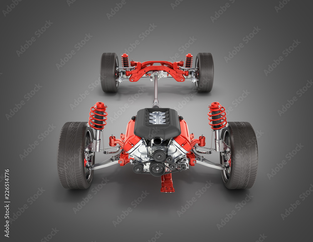 Suspension of the car with wheel and engine Undercarriage in detail ...