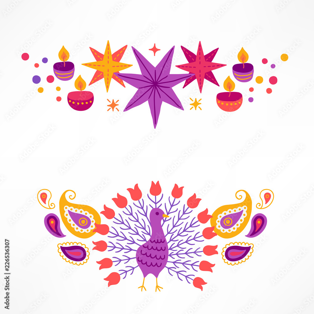 Diwali compositions with stars, candles, confetti, peacock and paisley ...