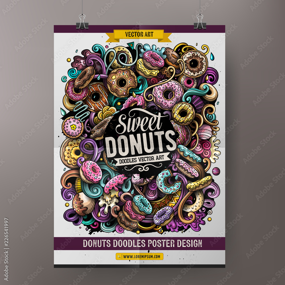 Donuts doodles poster design. Confectionery sign board template ...