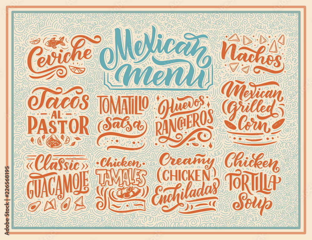 Mexican Menu lettering with traditional food names Guacamole, Enchilada ...