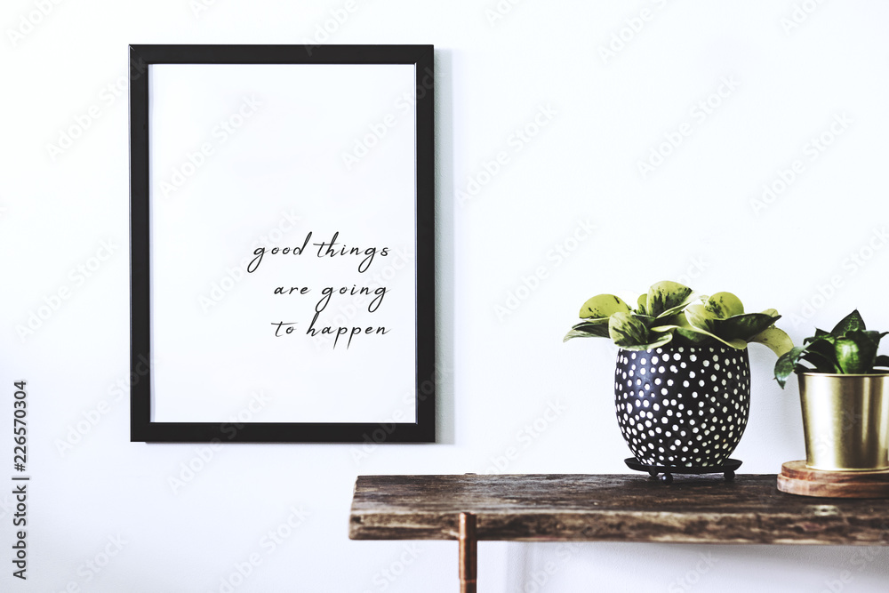 Stylish and modern scandinavian room with wooden console, mock up ...