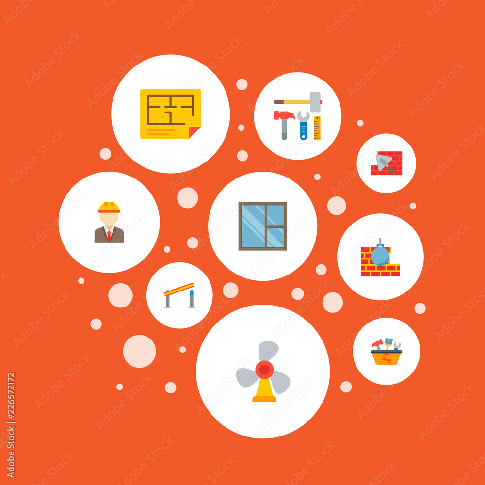 Set of construction icons flat style symbols with ruining ball, wind ...