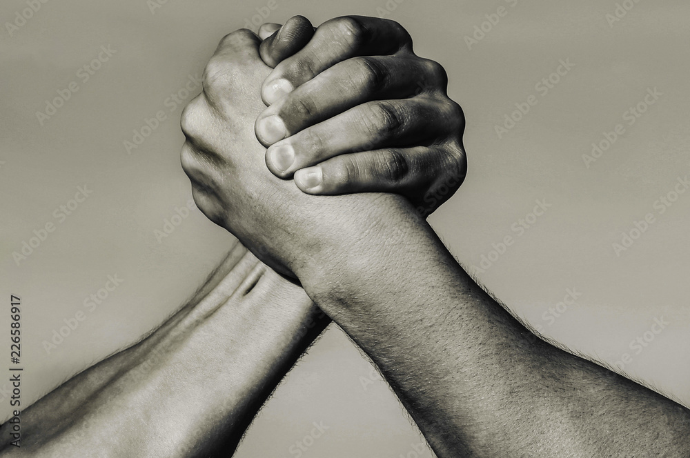 Hand, rivalry, vs, challenge, strength comparison. Two muscular arm ...