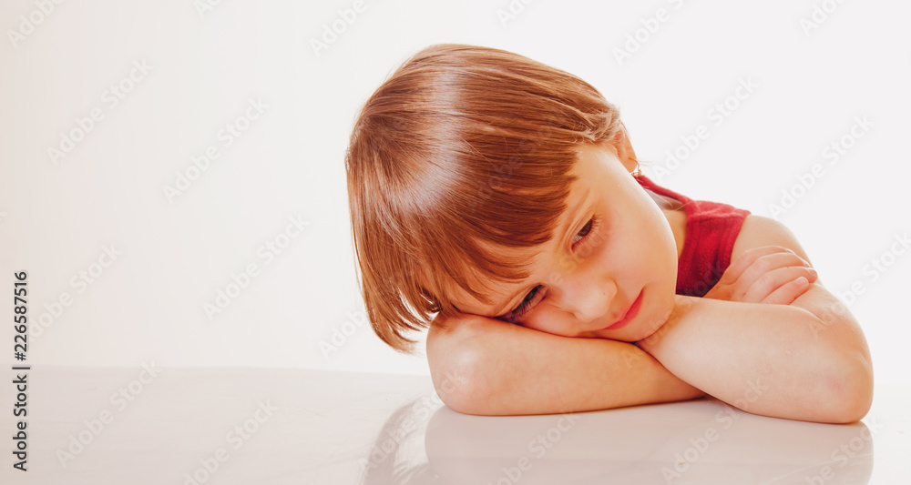 Portrait of little cute child girl expressing sadness (Gestures, body ...