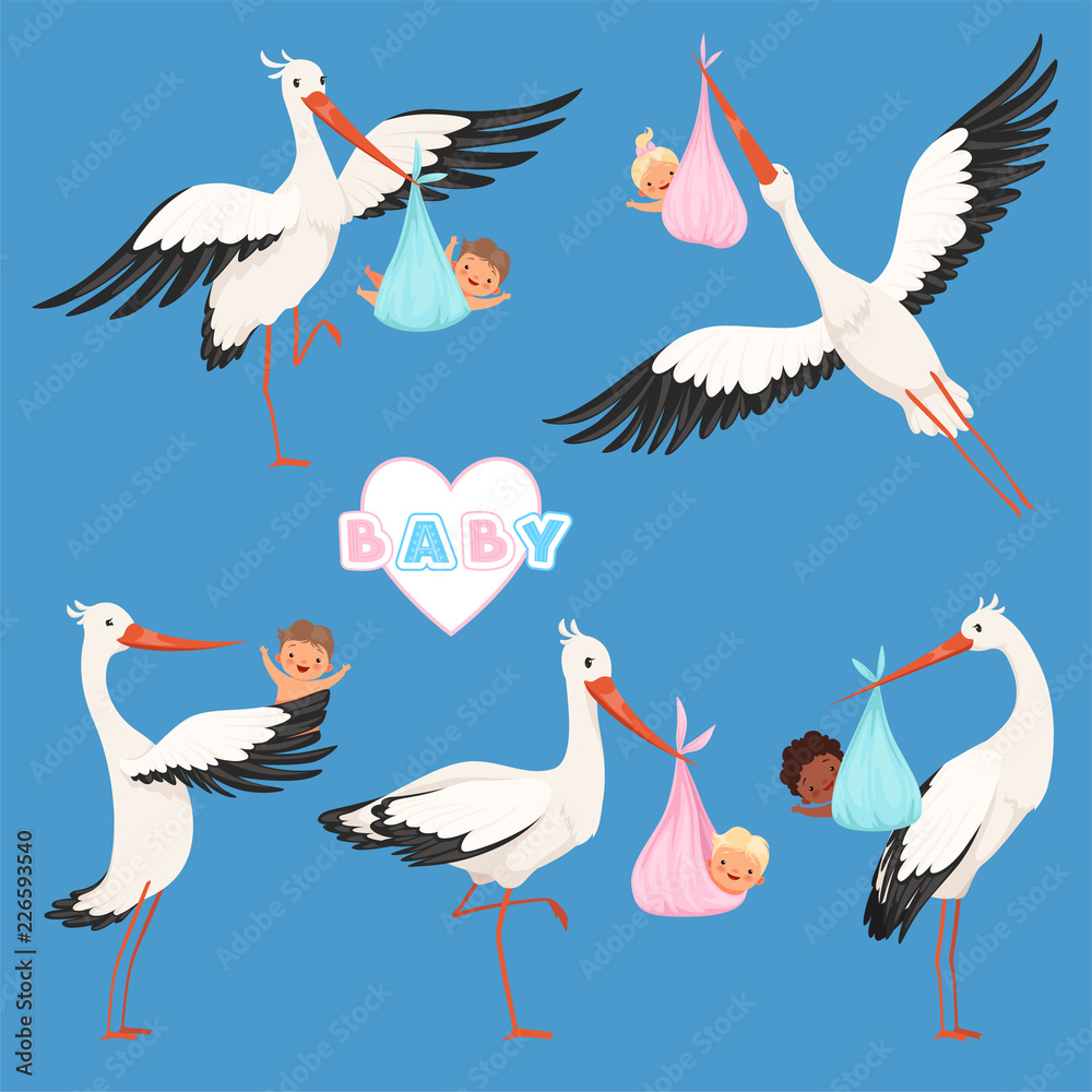 Flying stork baby. Bird delivery newborn cute little childrens vector ...