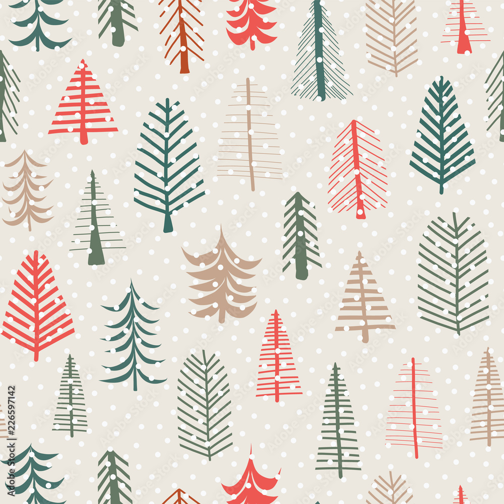 Christmas tree vector seamless pattern repeat tile. Green, brown, red doodle trees and ...
