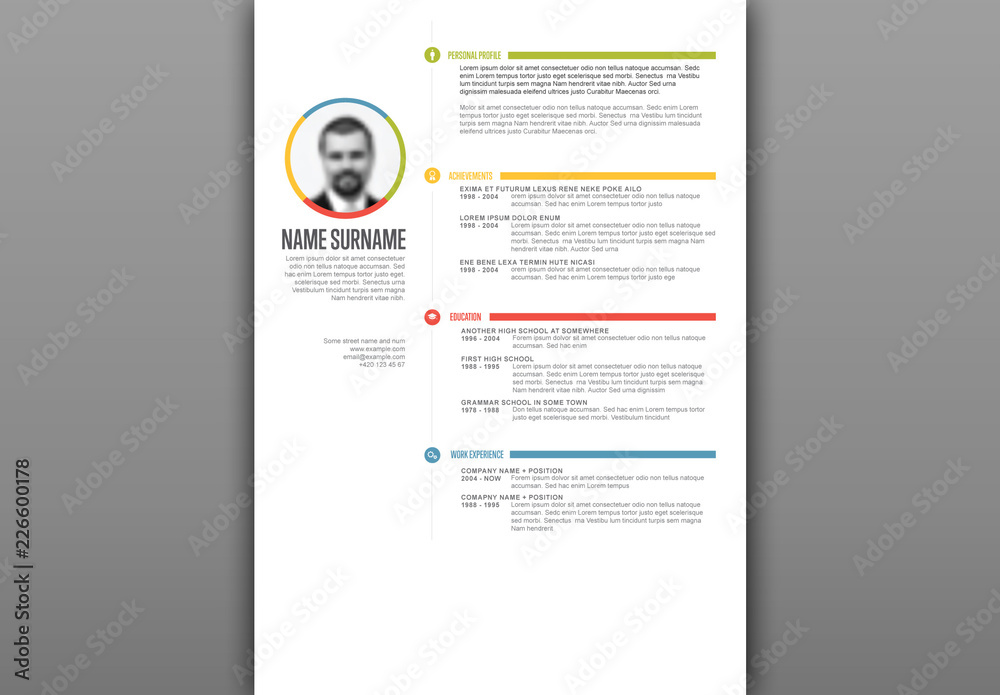 Resume Layout with Multicolored Headers Stock Template | Adobe Stock