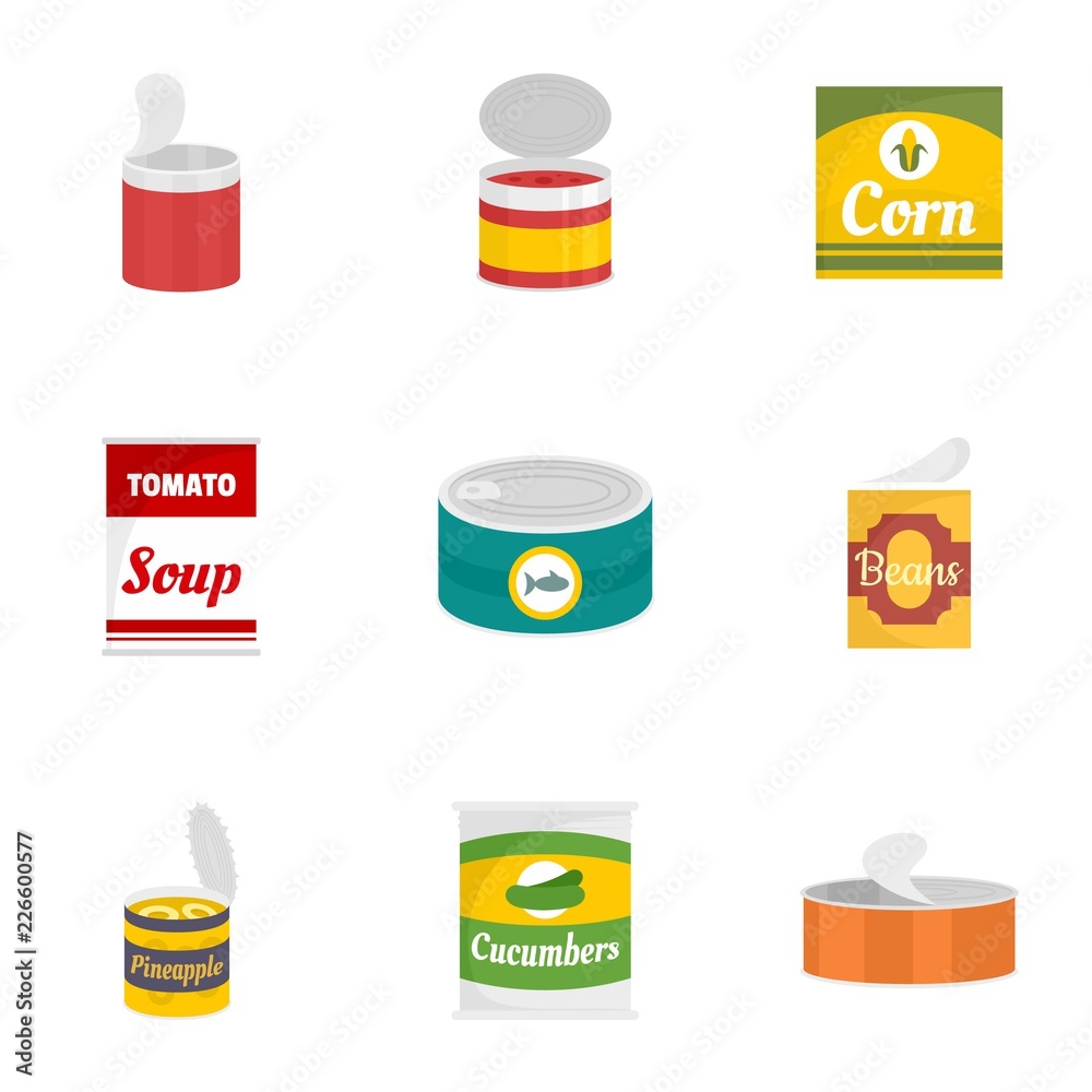 Food can icon set. Flat set of 9 food can vector icons for web design ...