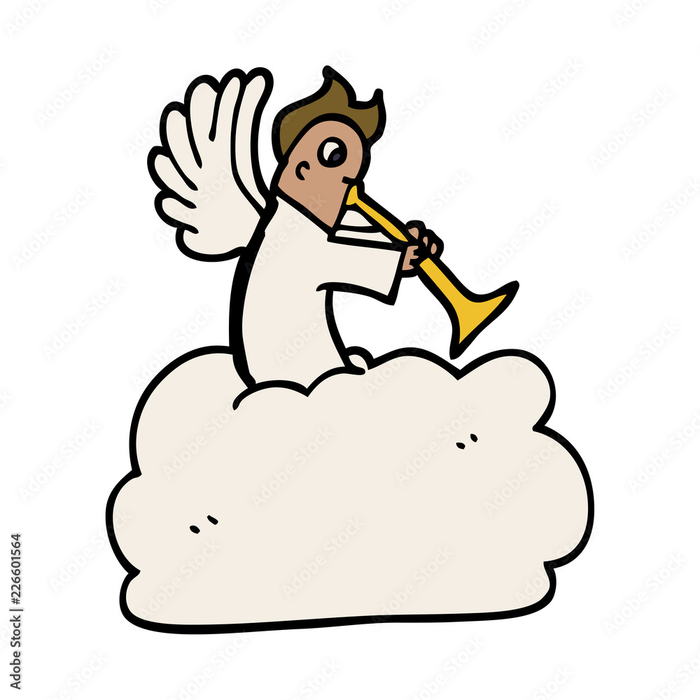 cartoon doodle angel on cloud with trumpet Stock Vector | Adobe Stock