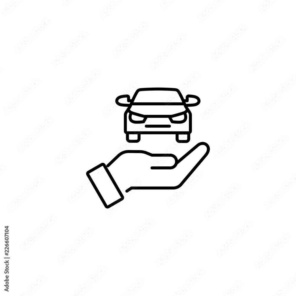 auto insurance symbol; car in the hand; line black icon on white ...