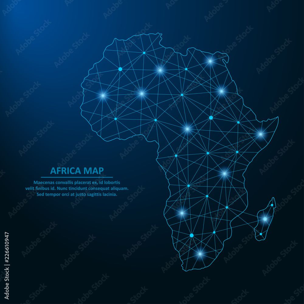 Abstract Africa map created from lines and bright points in the form of starry sky, polygonal ...