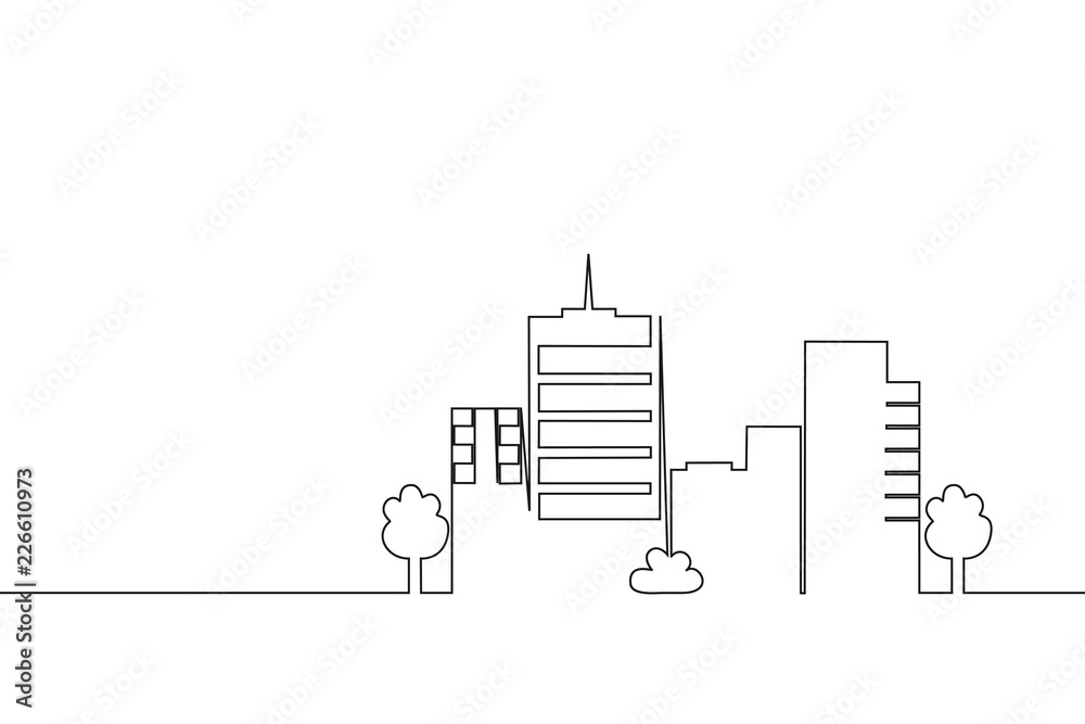 Continuous line drawing city building. One line single cityscape ...