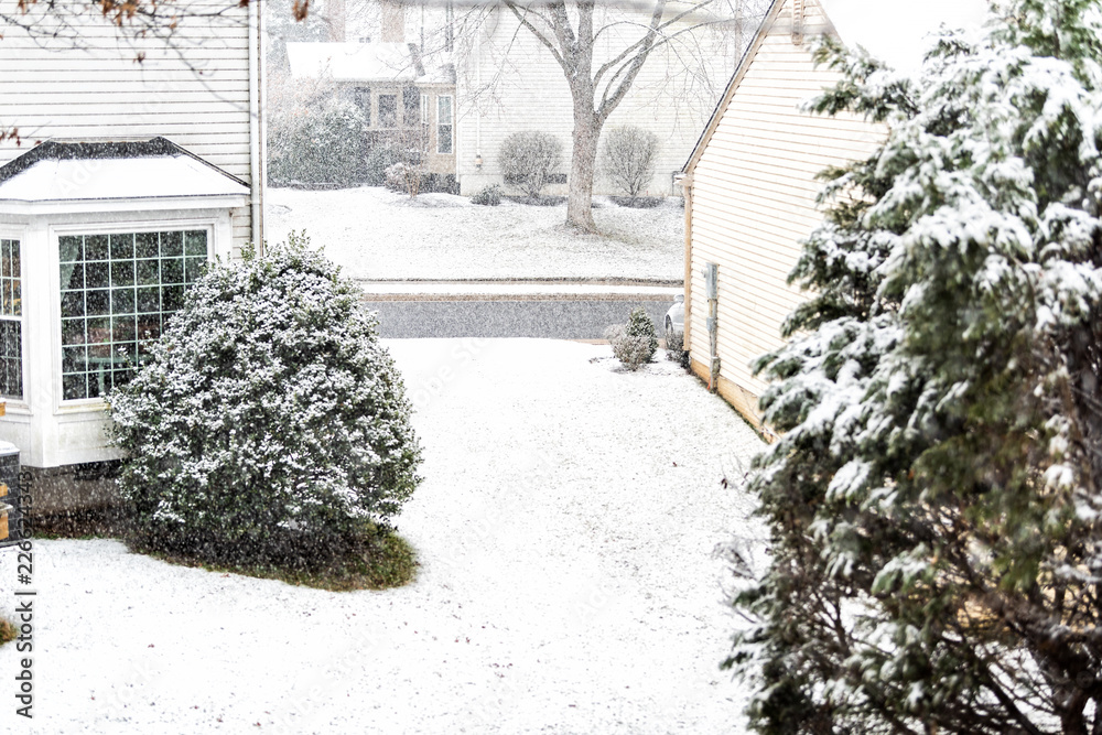 View from window on snowstorm, storm, snowing weather outside, outdoors ...