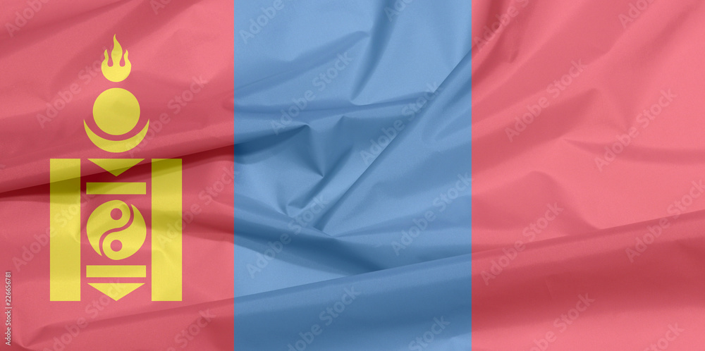 Fabric flag of Mongolia. Crease of Mongolian flag background, red and ...