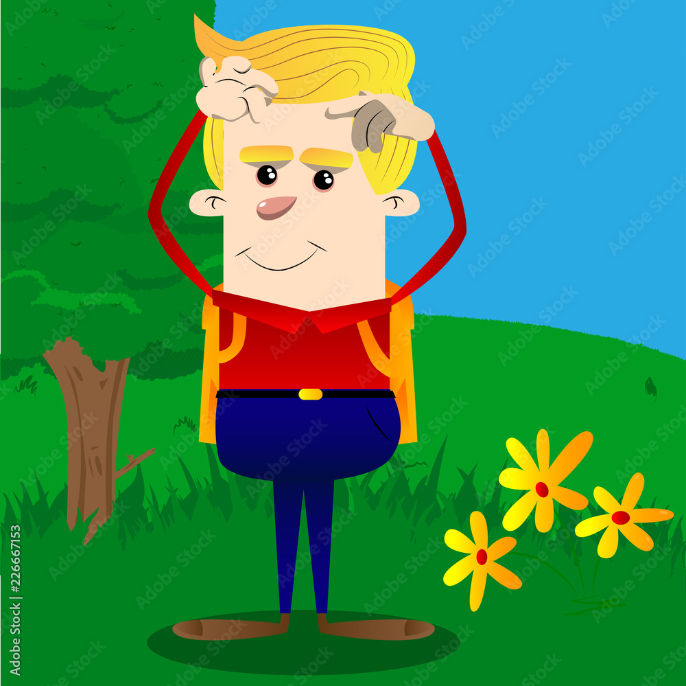 Schoolboy scratching his head with two hands. Vector cartoon character ...