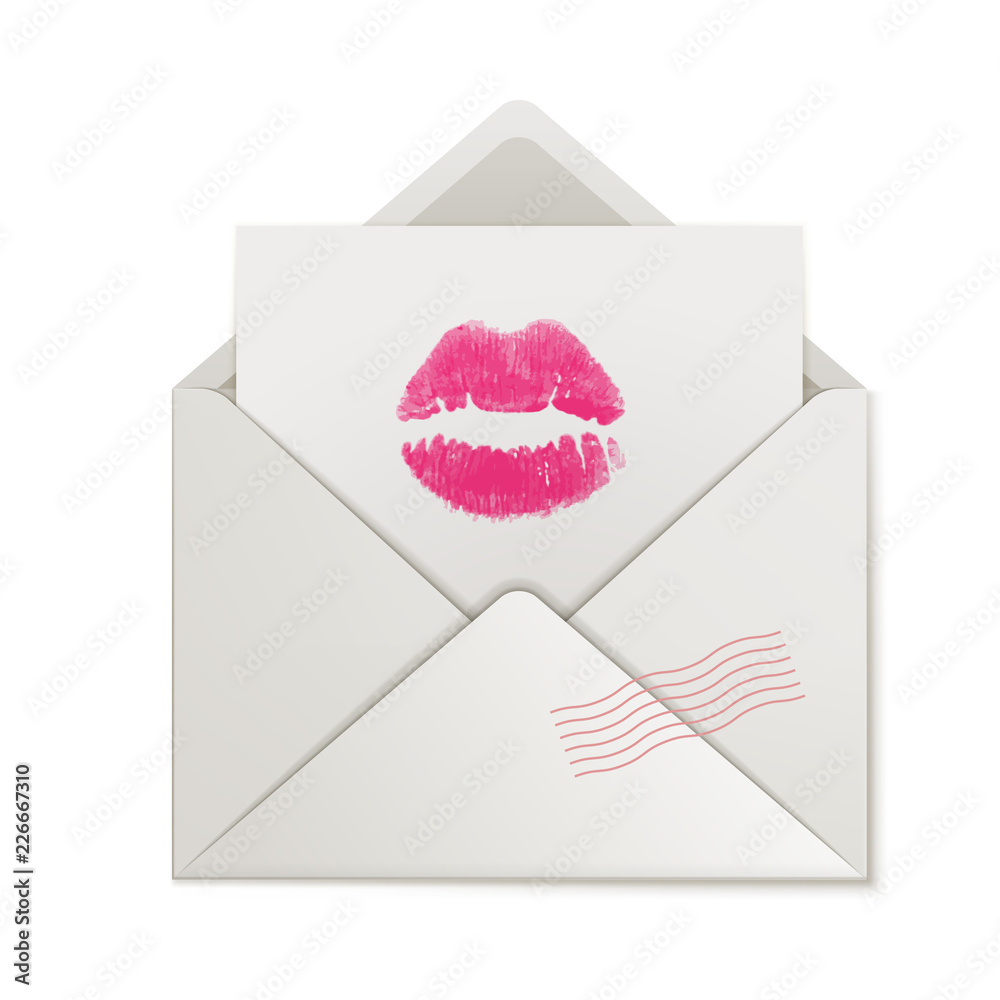 Beautiful lipstick kiss on love letter. Realistic lips stamp on white ...