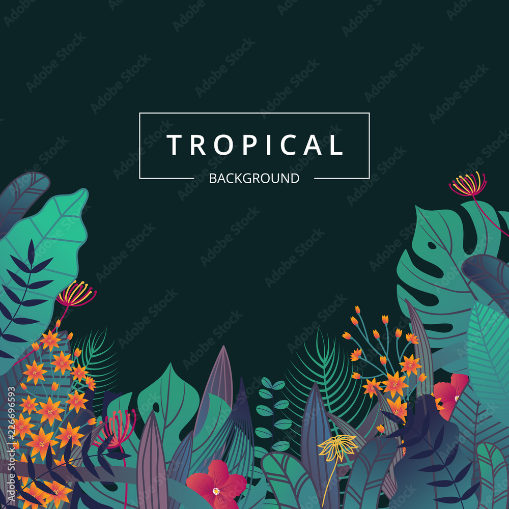 Tropical background green tone. Tropical leaves and flower. Jungle leaf ...
