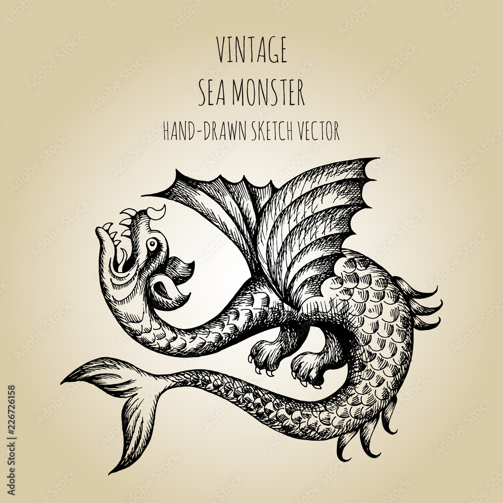 Mythological vintage sea monster. Fragment of old pirate map. Hand ...