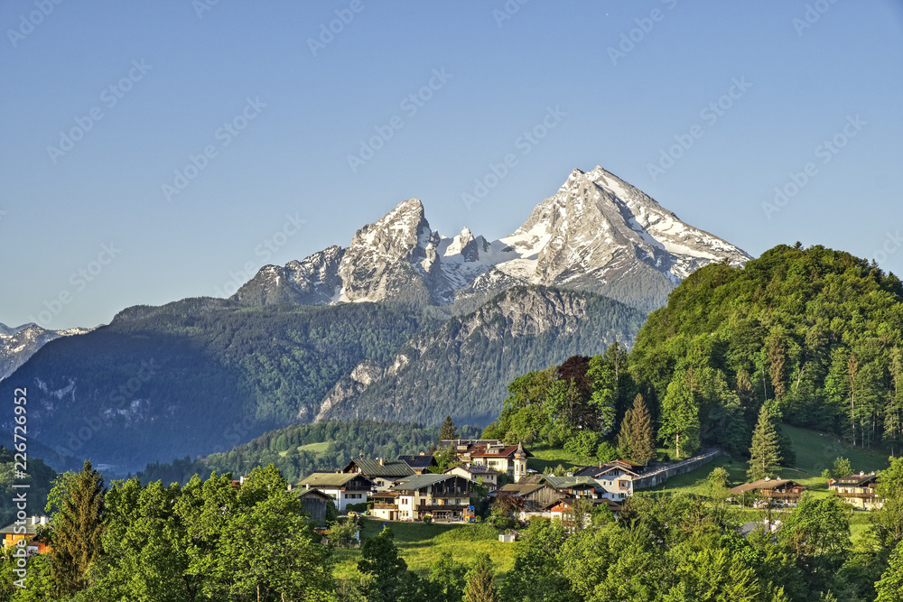 Mountain landscape in the Bavarian Alps with village of Berchtesgaden ...