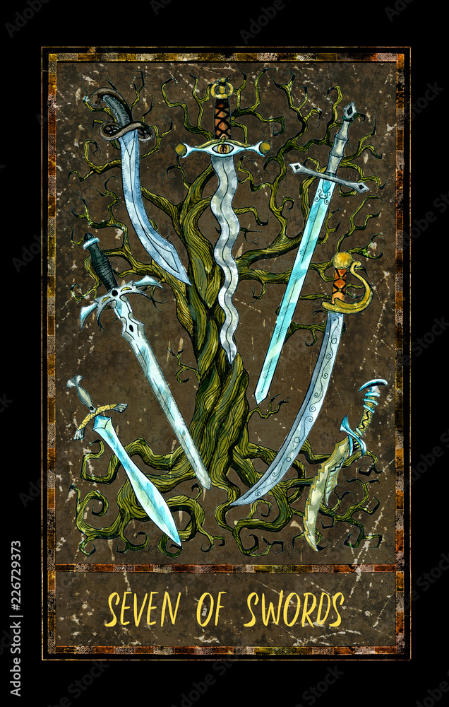 Seven of swords. Minor Arcana tarot card. The Magic Gate deck. Fantasy ...