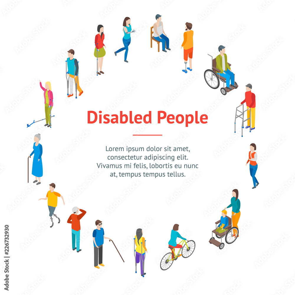 Isometric Disabled People Characters Banner Card Circle. Vector Stock ...