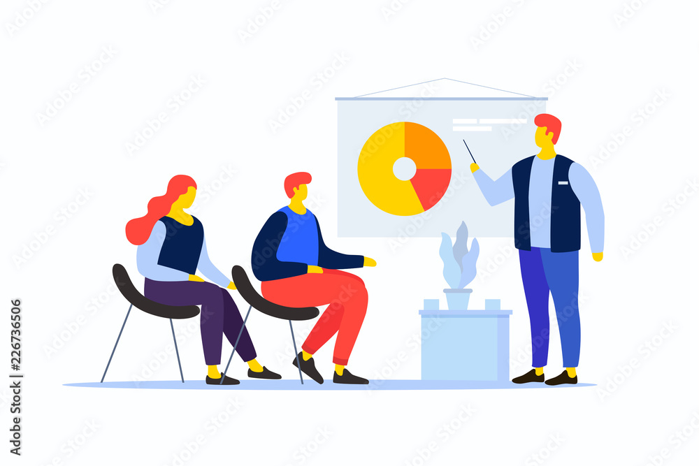 Cartoon people in the team are looking at the pie chart. The young man ...