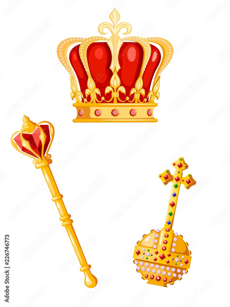 Crown, scepter and orb on a white background. Cartoon style. Vector ...