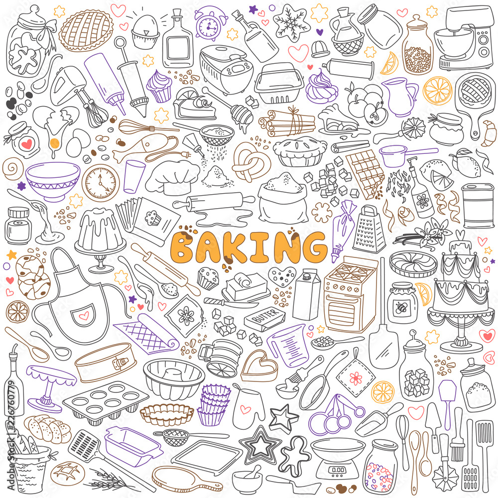 Baking doodles set. Bakery, confectionery and pastry stuff, tools ...