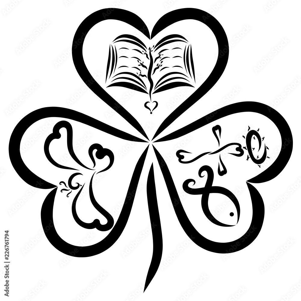 Christian symbolism, clover with three leaves, bible, bird, cross and ...