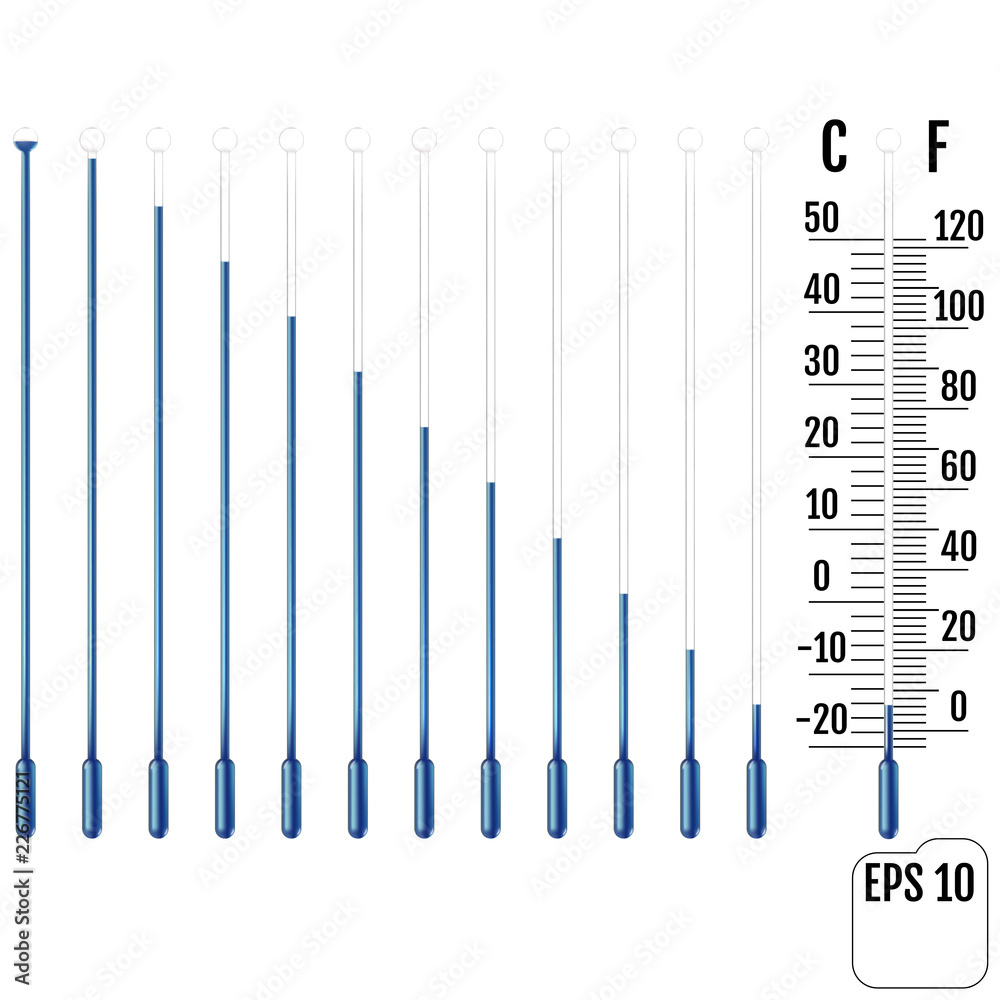 Set of realistic capillary tube with fluid, bulb and overload chamber ...