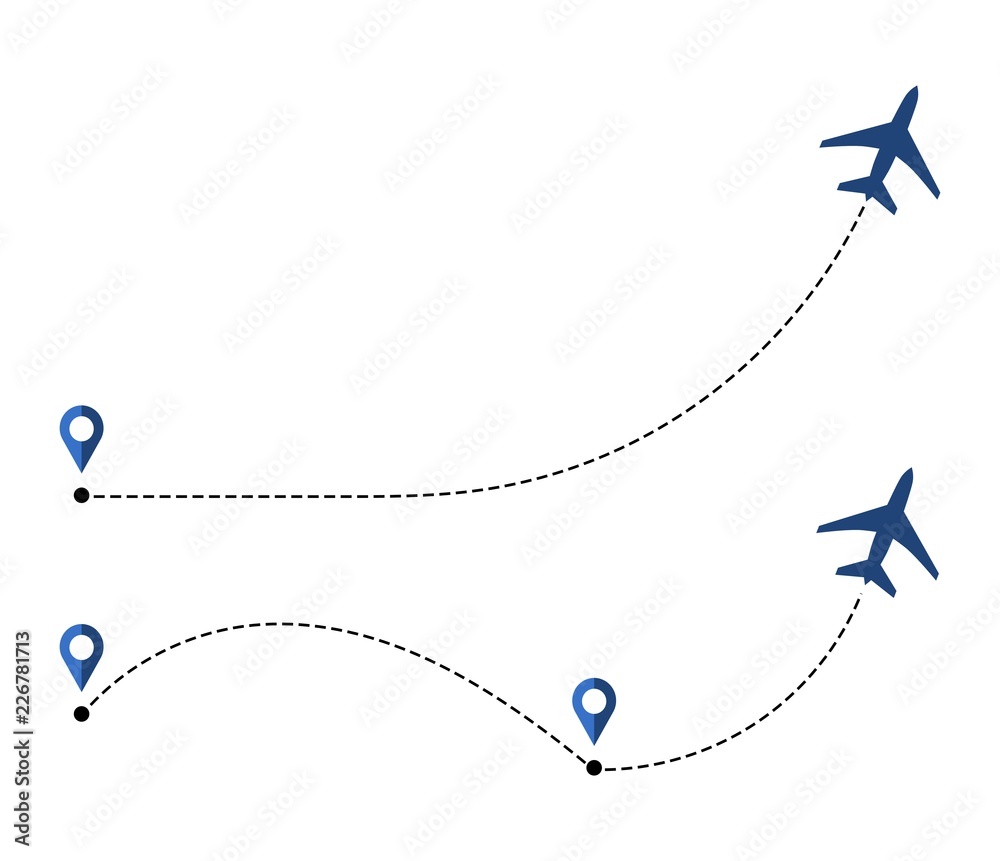 Airplane travel concept with map pins, GPS points. Line path icon ...