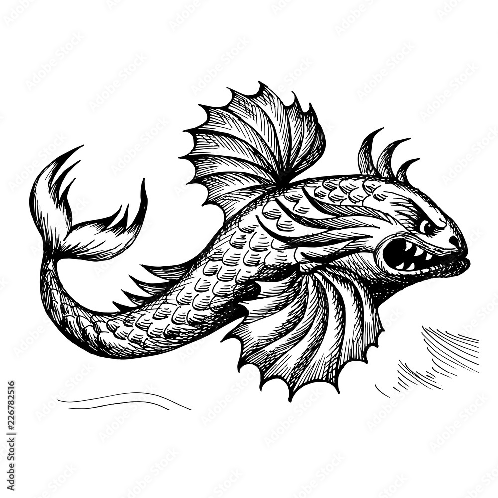 Mythological vintage sea monster. Fragment of old pirate map. Hand ...