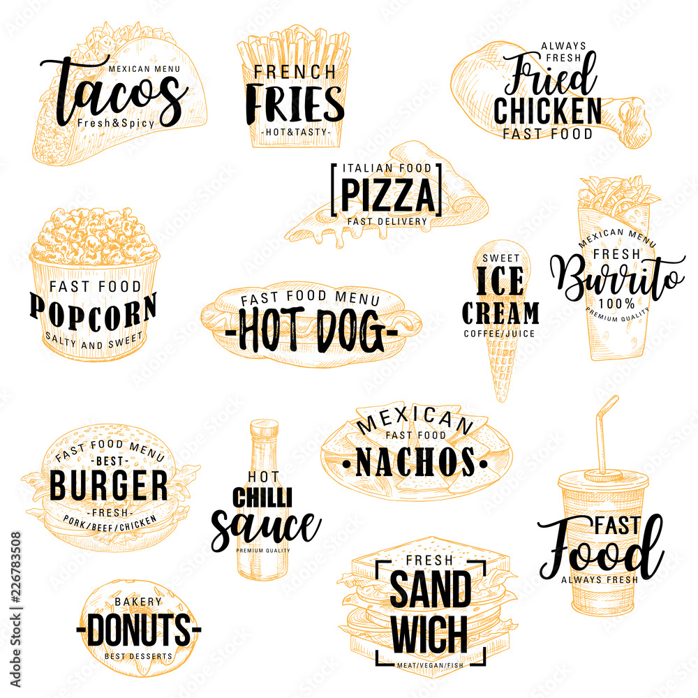 Fast food snacks, burgers and pizza lettering Stock Vector | Adobe Stock