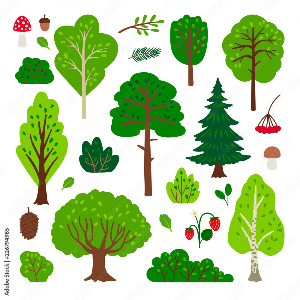 Cartoon forest tree set. Simple vector green tree set isolated on white ...