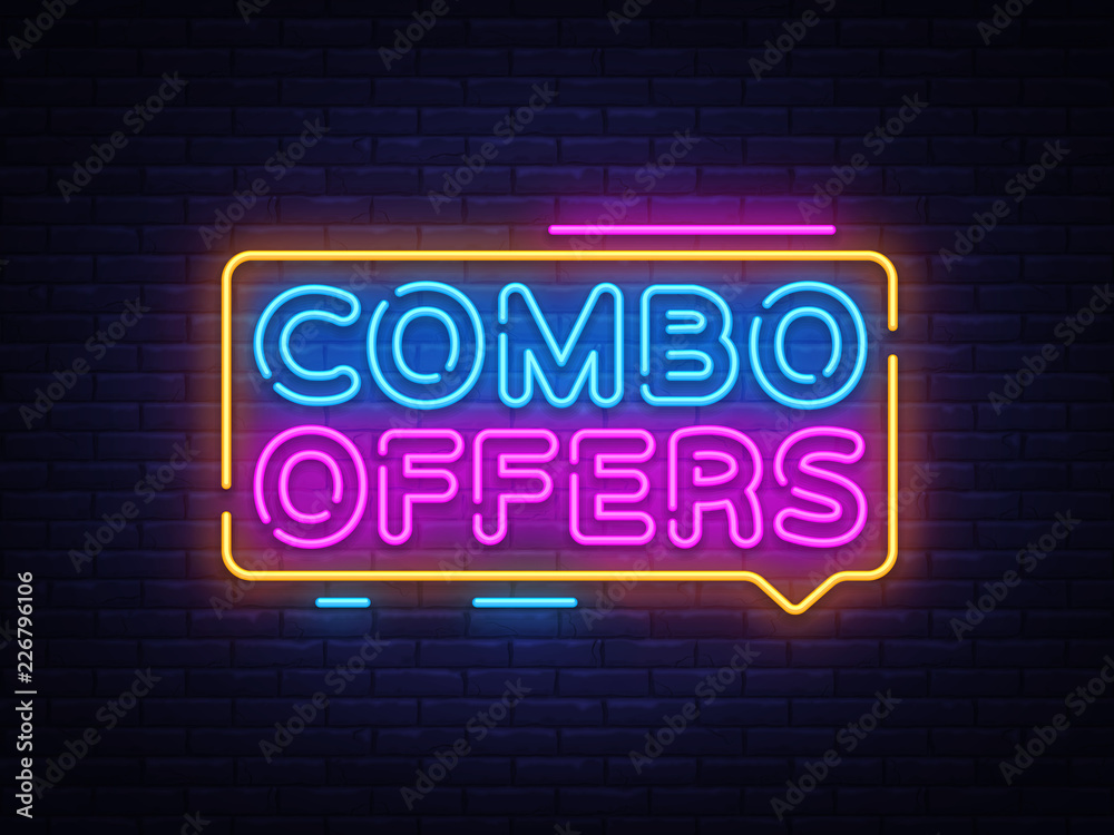 Combo Offers neon text vector design template. Big discount light ...