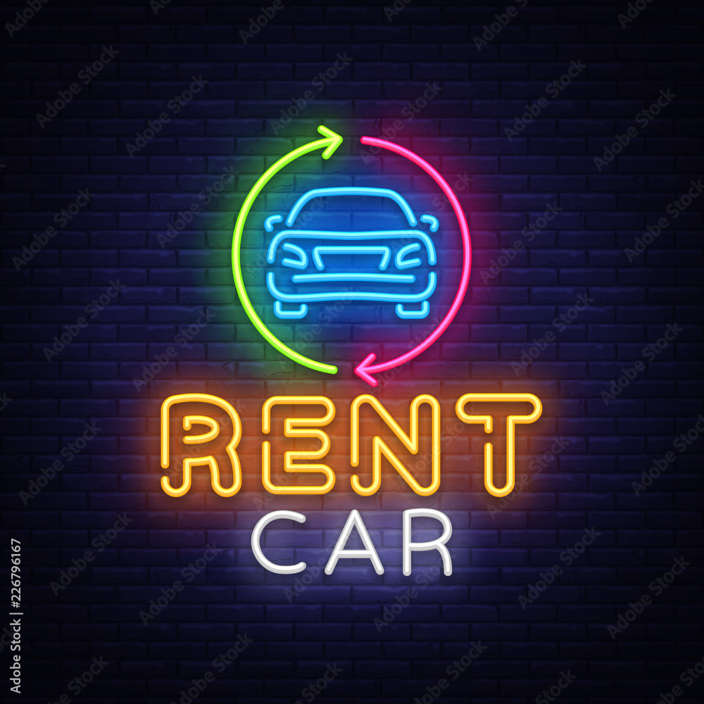 Rent car neon emblem vector design template. Trade Car neon signboard ...