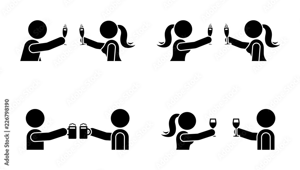Stick figure men and women drinking wine, beer, champagne icon. Happy ...