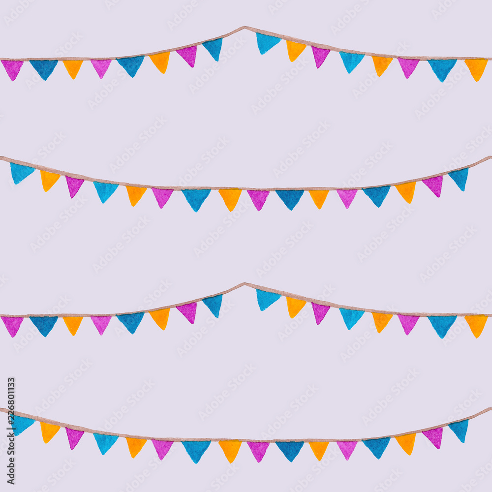Seamless pattern. Watercolor bright flags garlands. Party, kids party ...