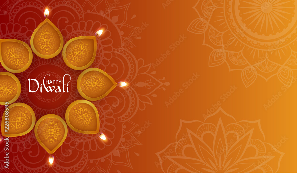 Orange gradient Happy Diwali background with oil lamps. Stock Vector ...