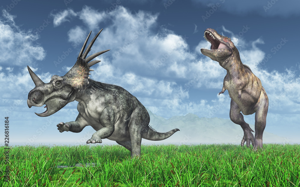 Tyrannosaurus Rex attacks Styracosaurus Stock Illustration | Adobe Stock