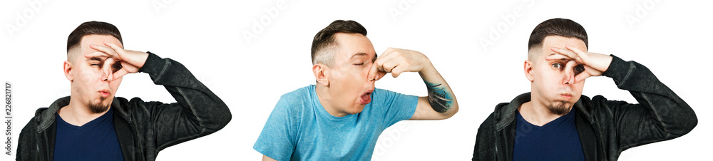 Set of portraits of young guys closing nose isolated on a white ...