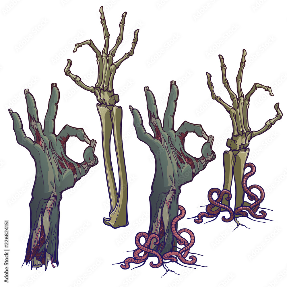 Zombie body language. OK Sign. Set of lifelike depicted rotting zombie ...